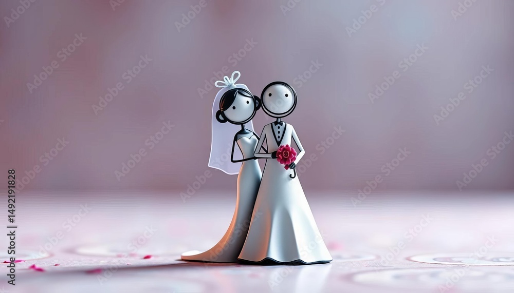 Simple stick figures, newlywed couple, wedding attire, celebratory pose ...