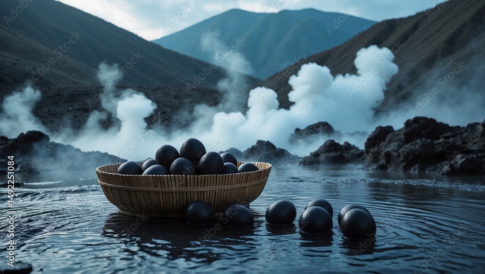 Owakudani black eggs are presented near the sulfurous hot sps of Hakone ...