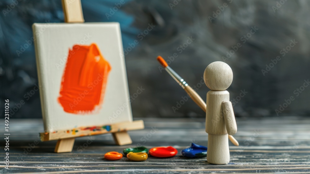 Painting: A wooden stick figure painting a canvas, brush in hand ...