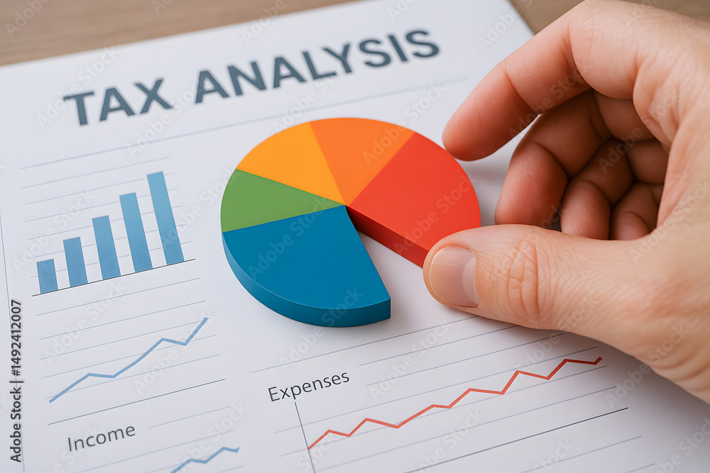 Tax analysis report with colorful pie chart and graphs showing income ...