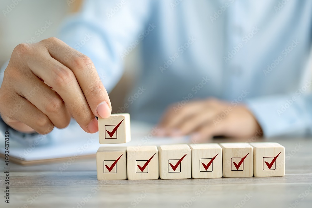 Checklist and task progress tracking concept. A hand placing the final ...