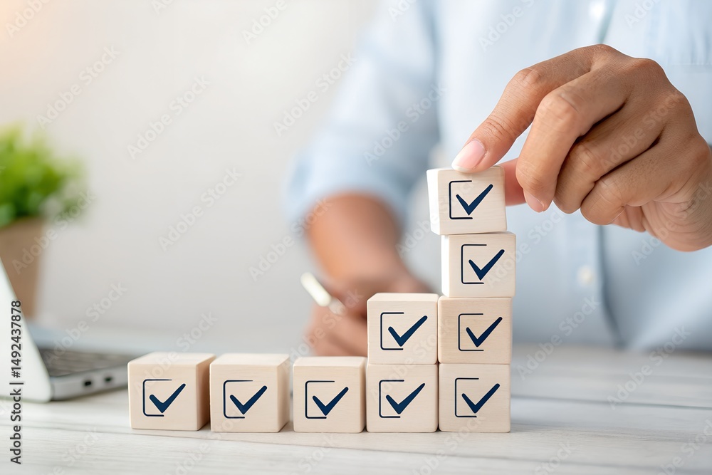 Foto de Stock Checklist and task progress tracking concept. A hand ...