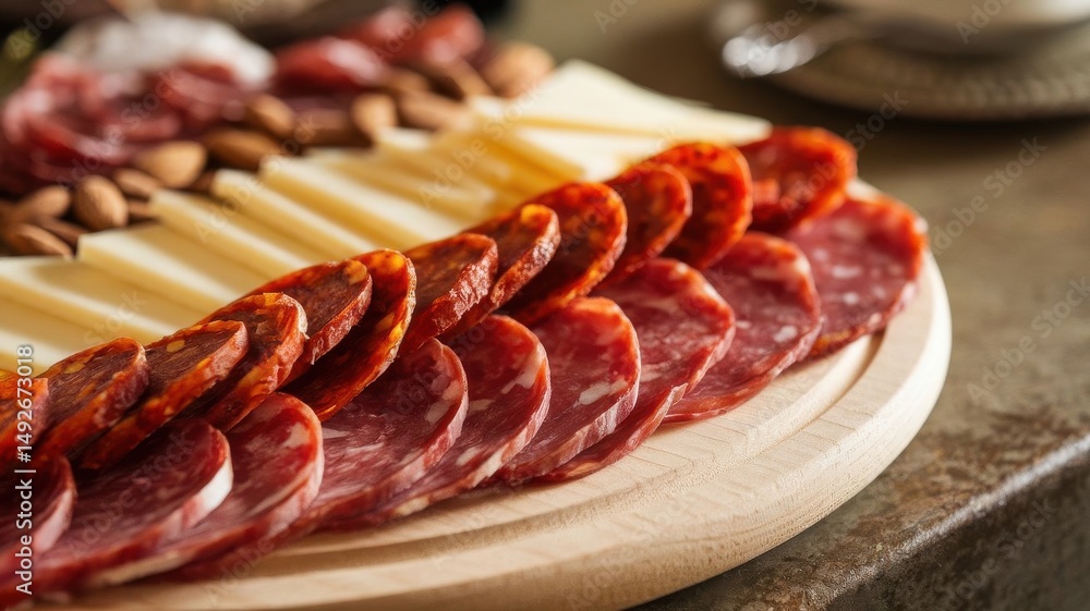 Artisan Charcuterie Board Featuring Sliced Chorizo, Cheese, and Almonds ...