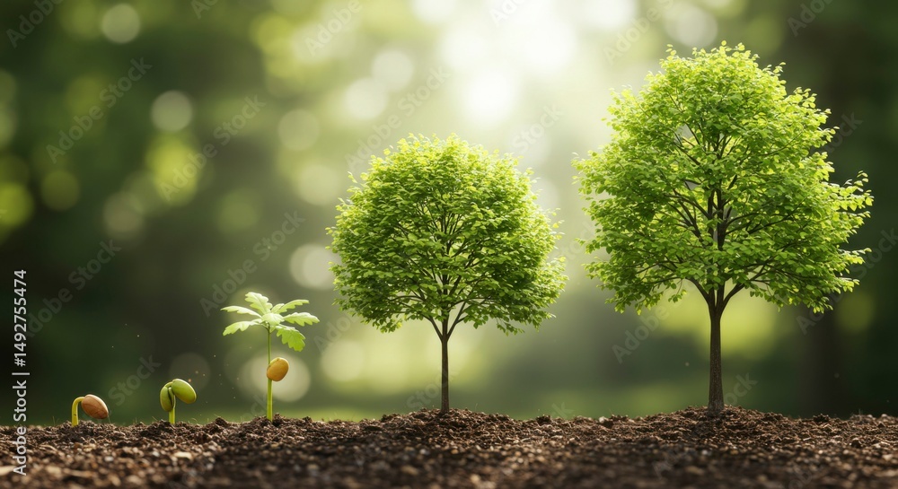 Seed germination to mature tree growth stages shown against a blurred ...