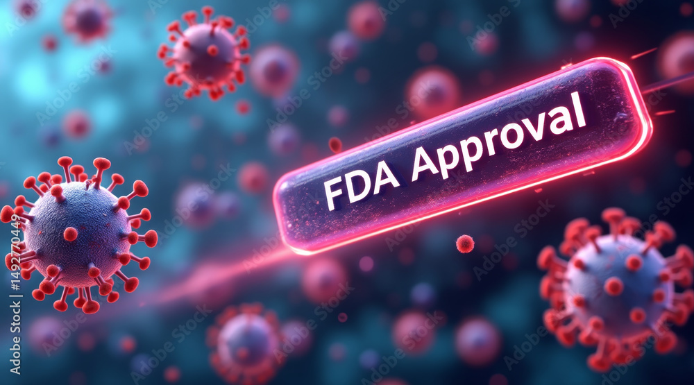 FDA Approved concept, FDA approval text with floating virus particles ...