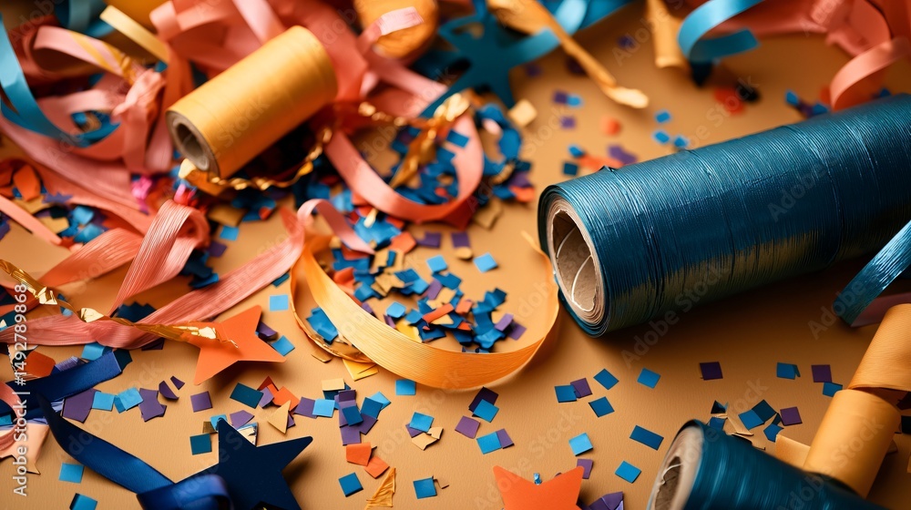 flat lay of colorful party decorations including deflated balloons ...