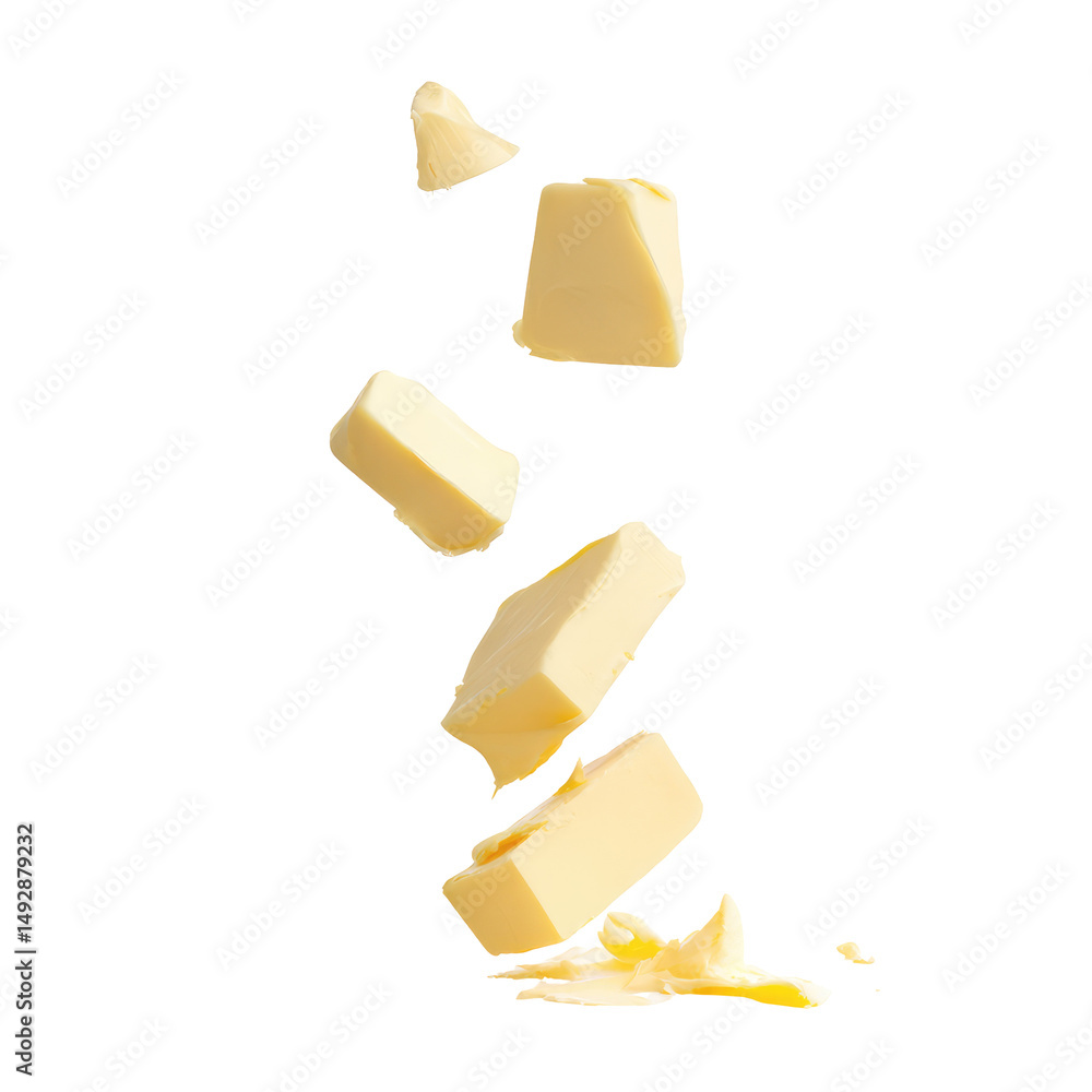 A still life shot of several pats of butter falling against a black ...