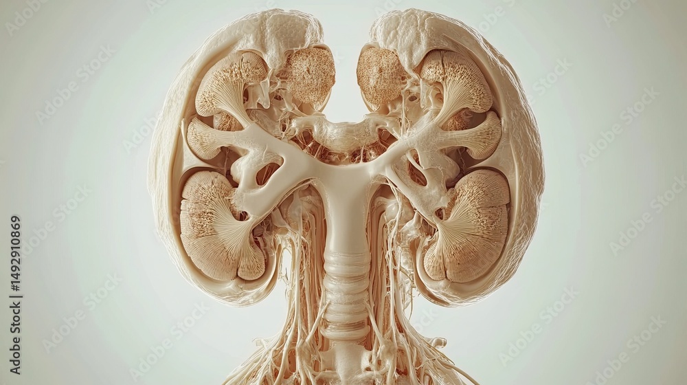 Human urinary system cross-section with kidney anatomy in detailed 3D ...