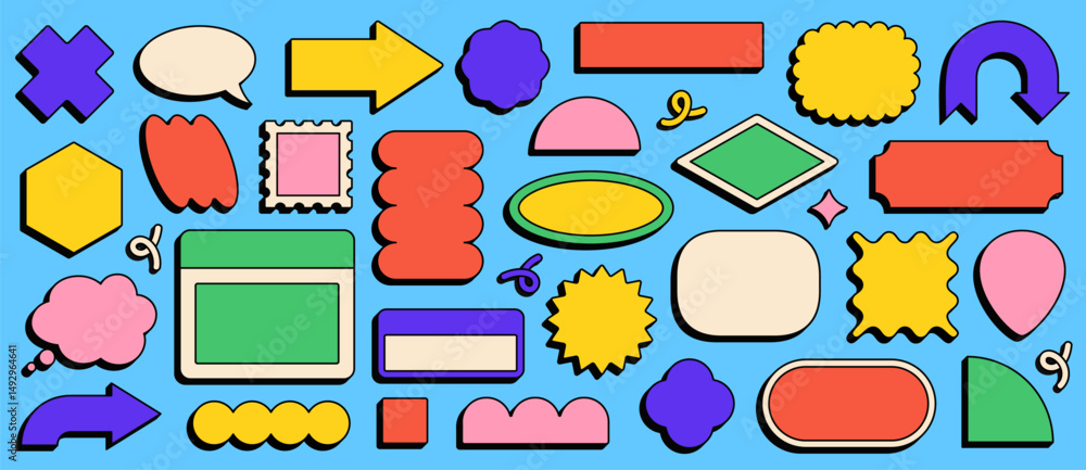 Cartoon funky geometric frames, blank playful stickers in various ...