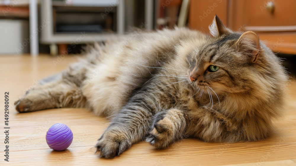 Domestic cat with signs of obesity thick belly and swollen fat muzzle ...