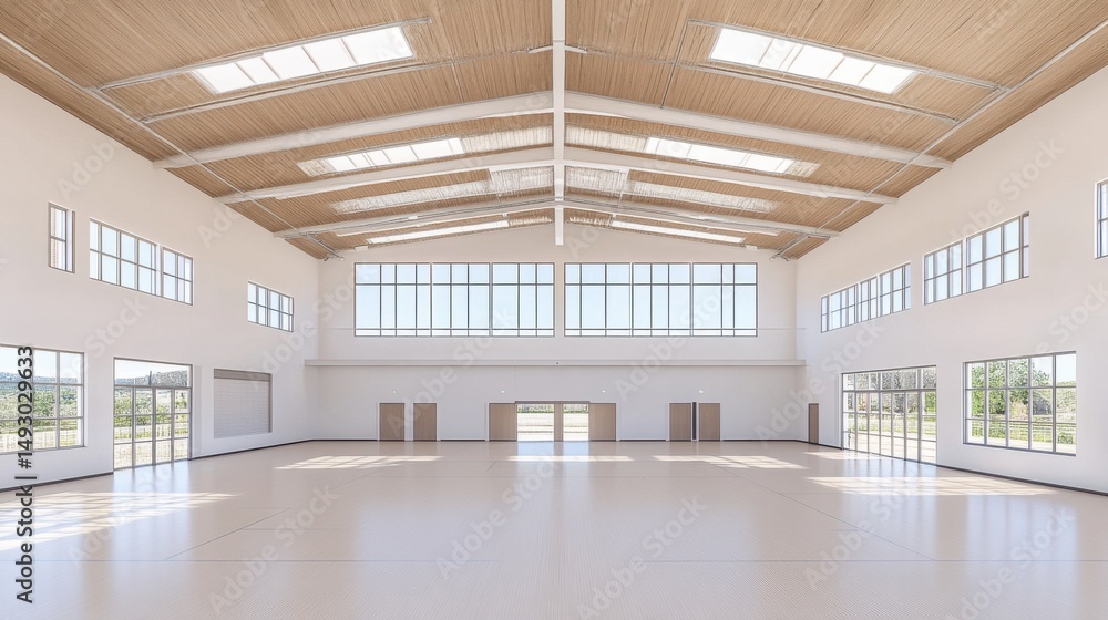 Interior view of a modern gymnasium with wooden ceiling and large ...