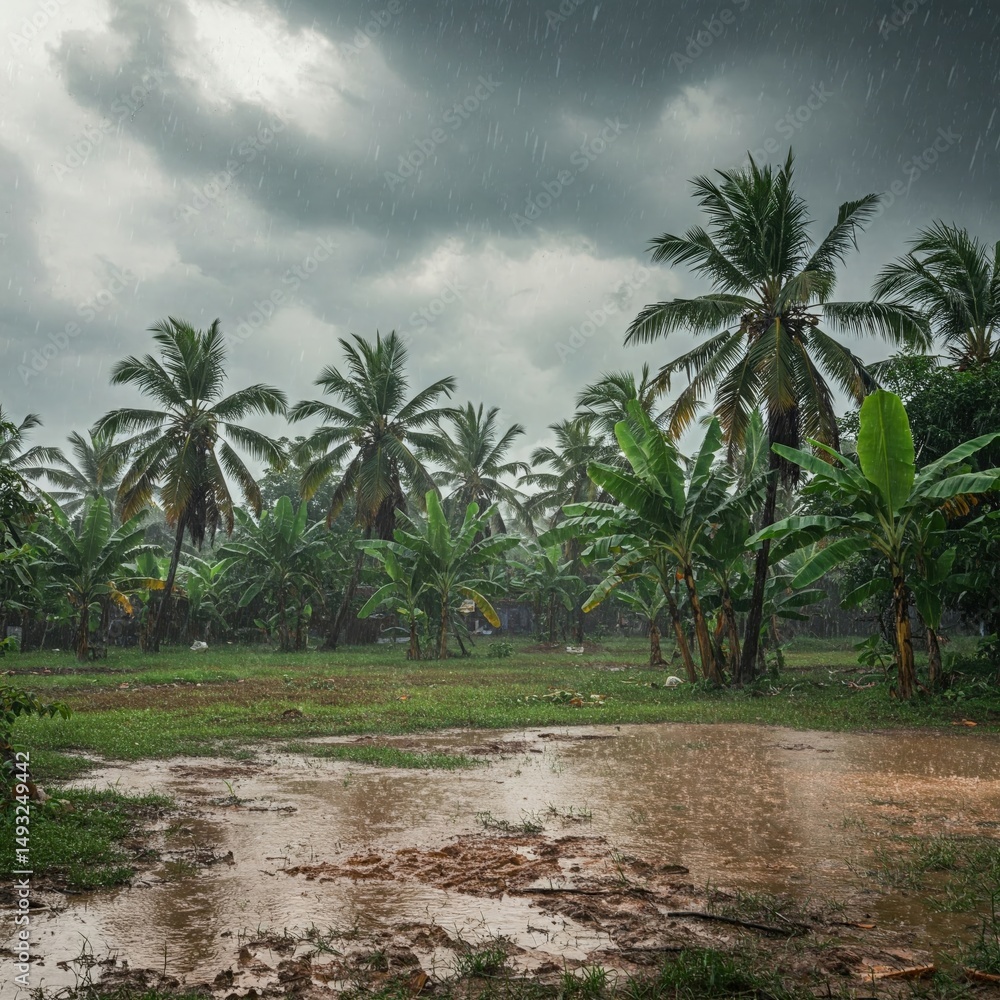 Monsoon rainstorm in Indian village with trees and muddy fields rain ...