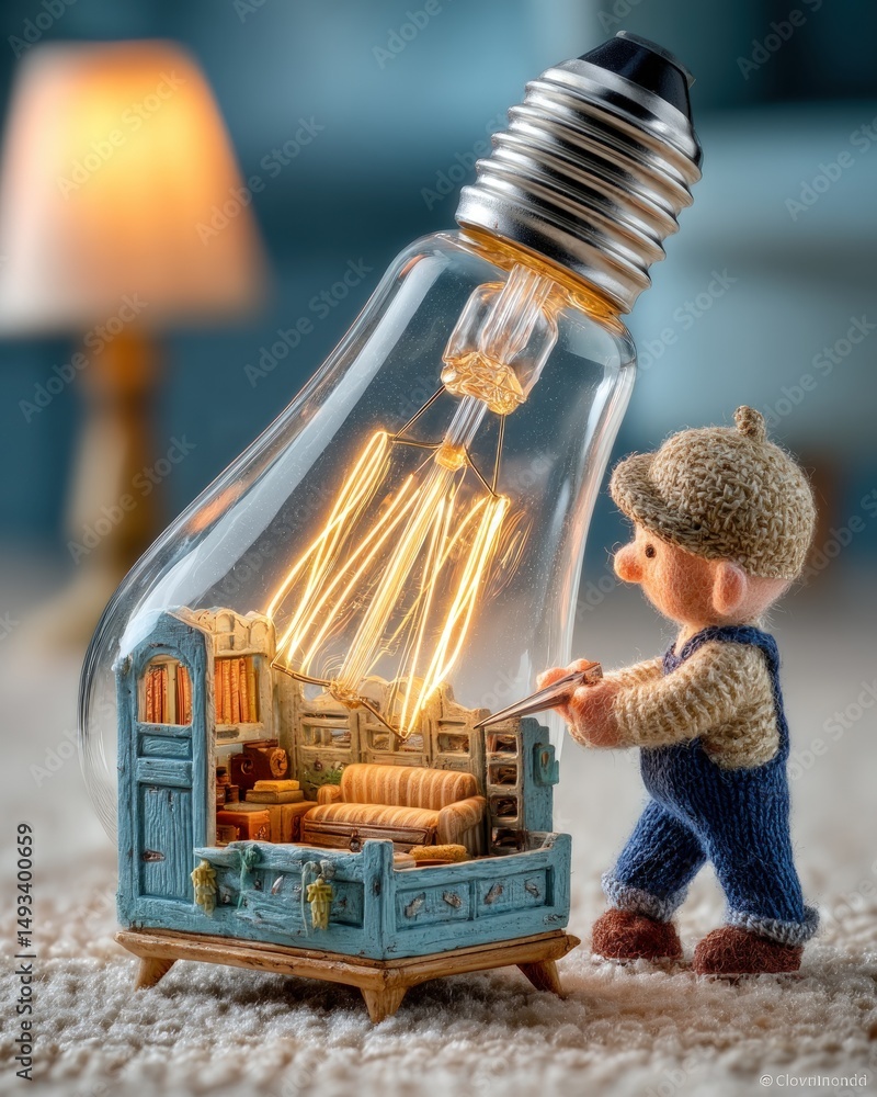 Miniature World: Repairing a Tiny Home Inside a Light Bulb Stock ...