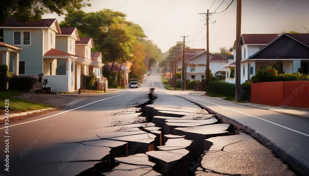 Ilustración de Stock cracked road stretches through residential area ...