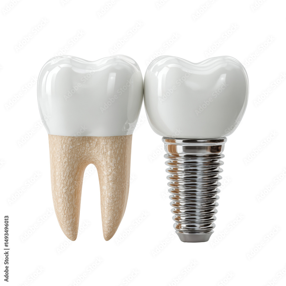 Close-up comparison of a natural tooth and a dental implant showing ...