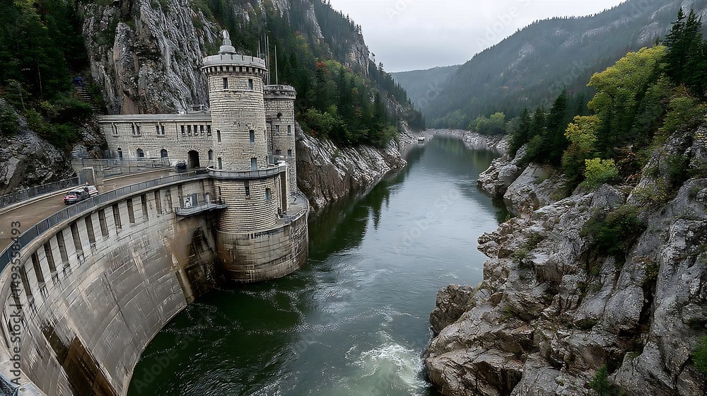 Large scale hydropower reservoir behind curved concrete dam with ...