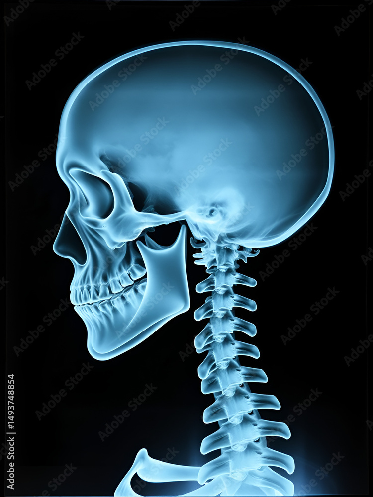 Ilustración de Stock X-ray skull, head skeletal anatomy, cervical spine ...