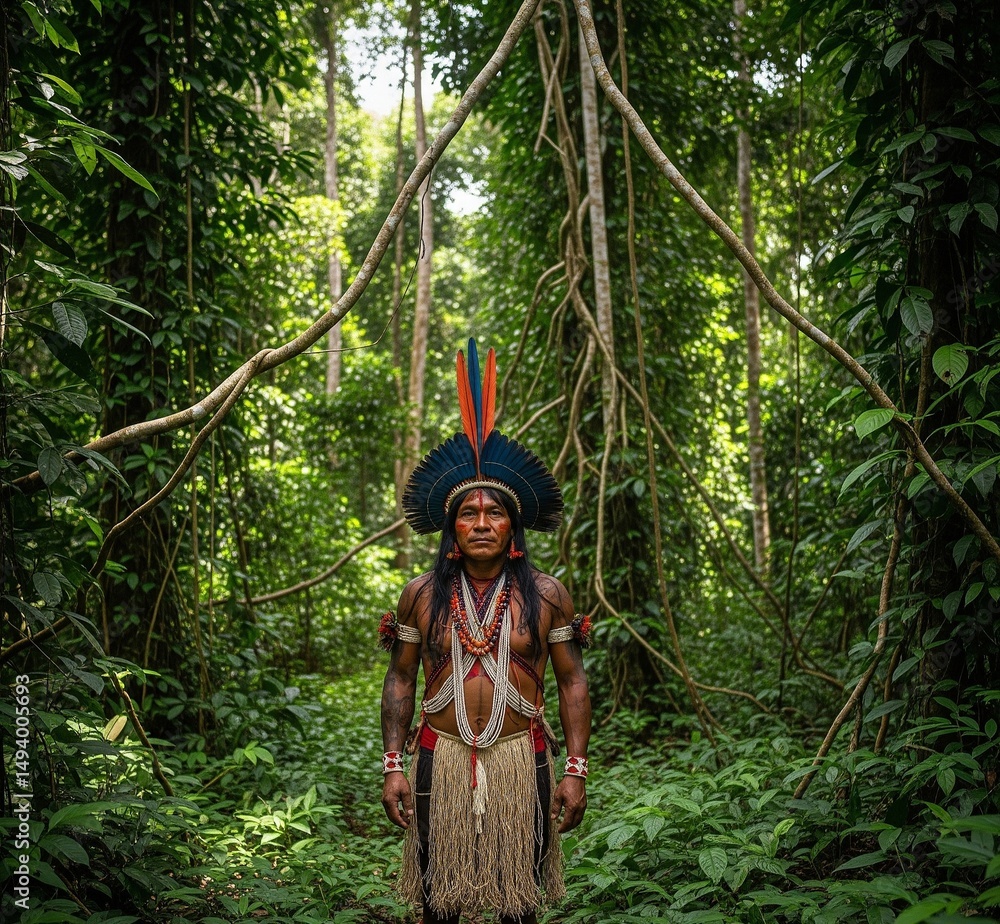 Thoughtful Brazilian indigenous man in the Amazon rainforest, wearing ...