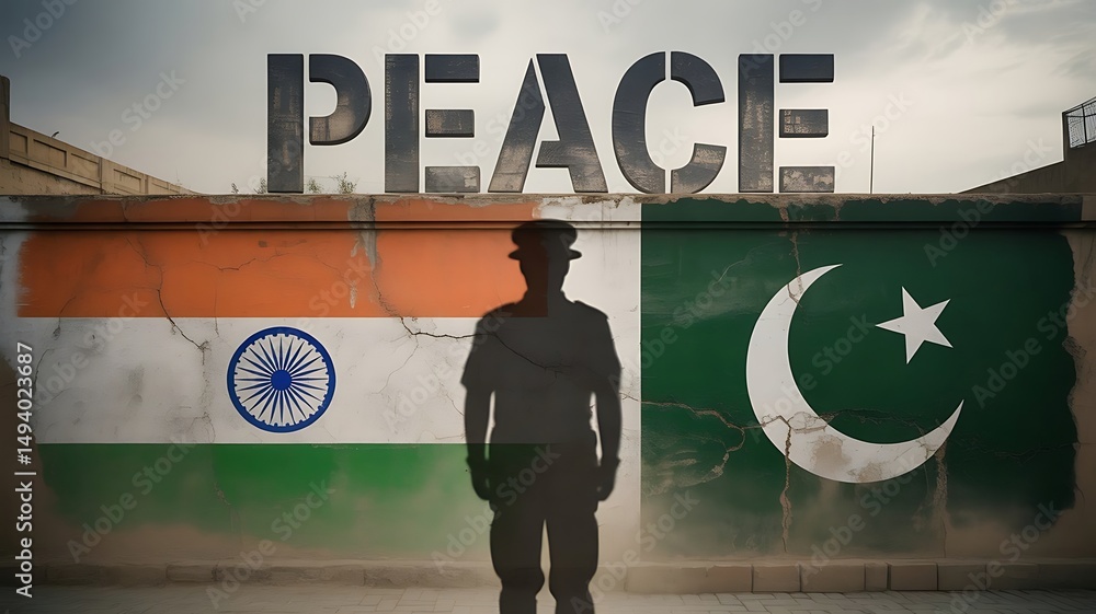 Flags of India and Pakistan painted wall with soldier shadow , india vs ...