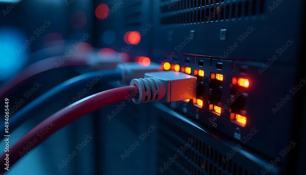 Network cable connecting server, data center with glowing lights. Fast ...