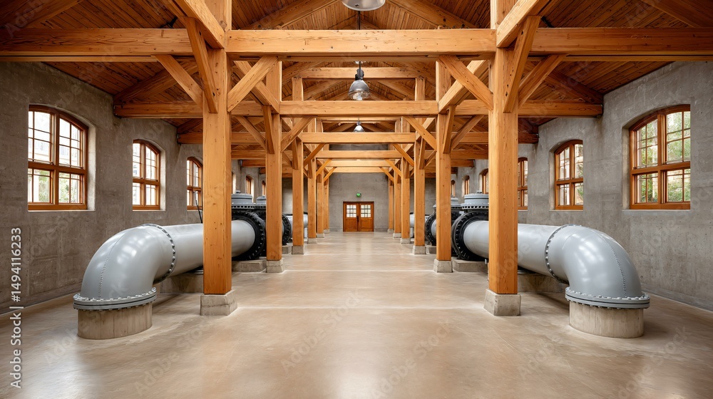 Wide-angle of a power plant turbine room with massive insulated steam ...