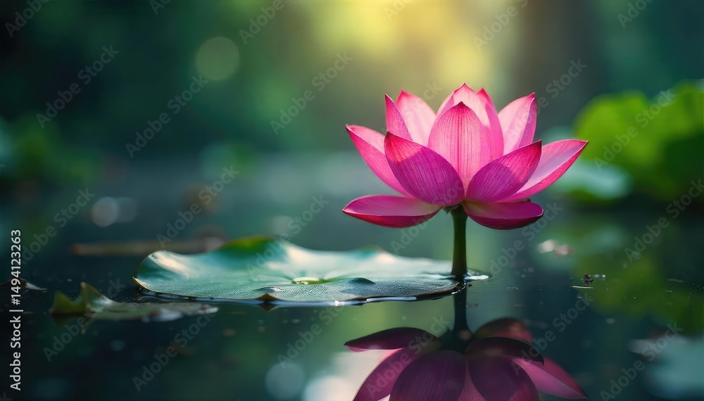 A single, perfectly formed lotus flower emerging from murky water ...
