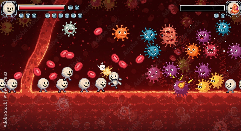 Pixel art game scene depicting blood cells battling viruses. Stock ...