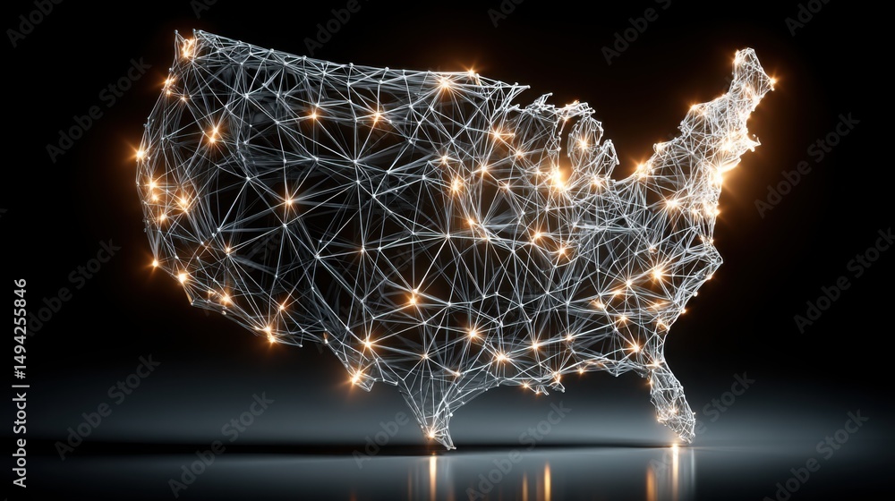 The united states map decorated with a string of lights highlighting ...