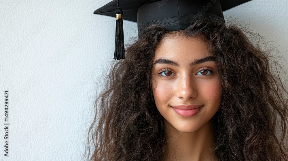Realistic Portrait of a High School Graduate with Long Curly Hair in ...