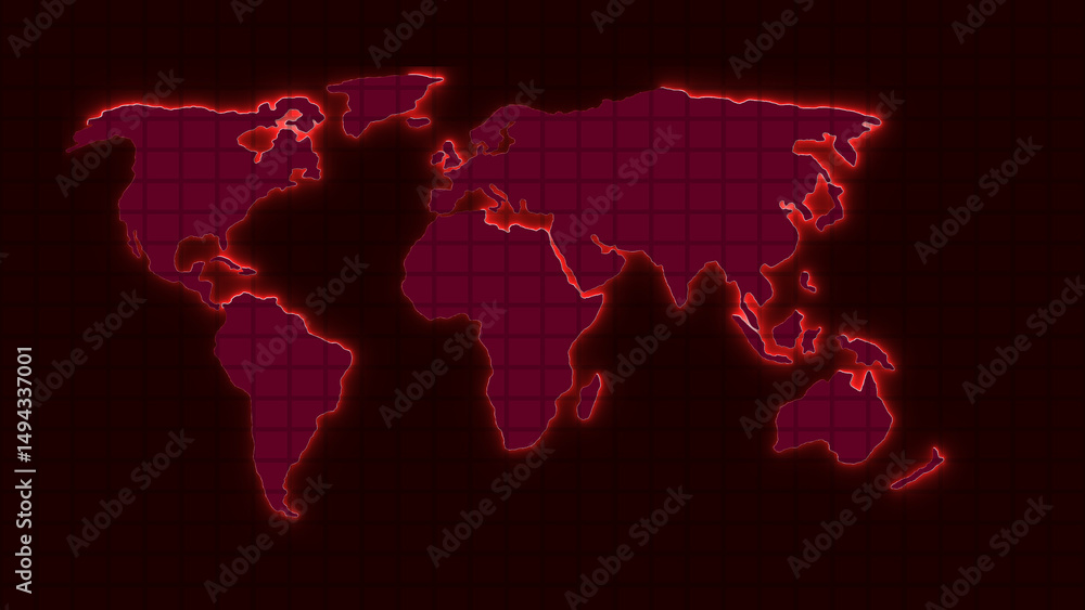 Illuminated world map in a dark red hue depicting global connectivity ...