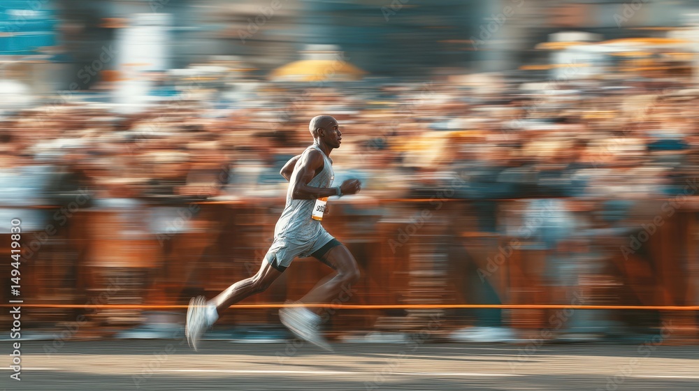 Action blur of a focused male runner dashing through the finish line ...