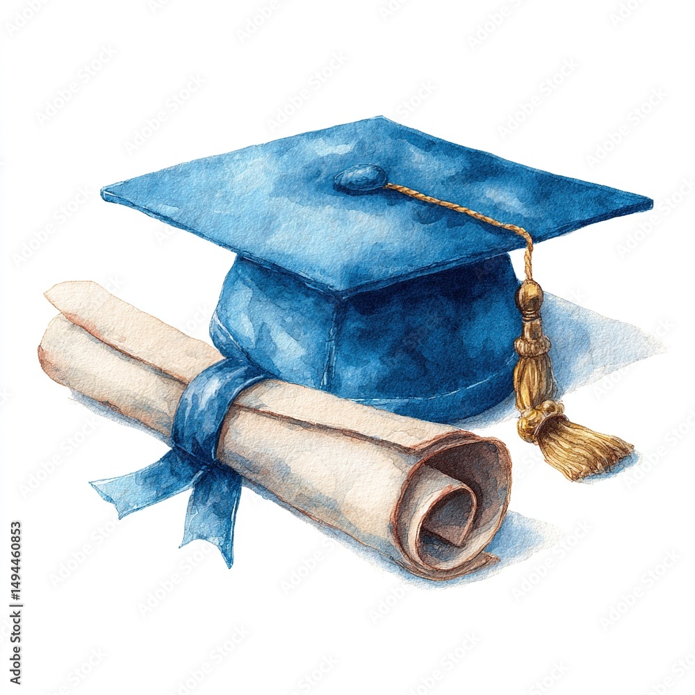 Watercolor Graduation Cap and Diploma Clipart, A watercolor clipart ...