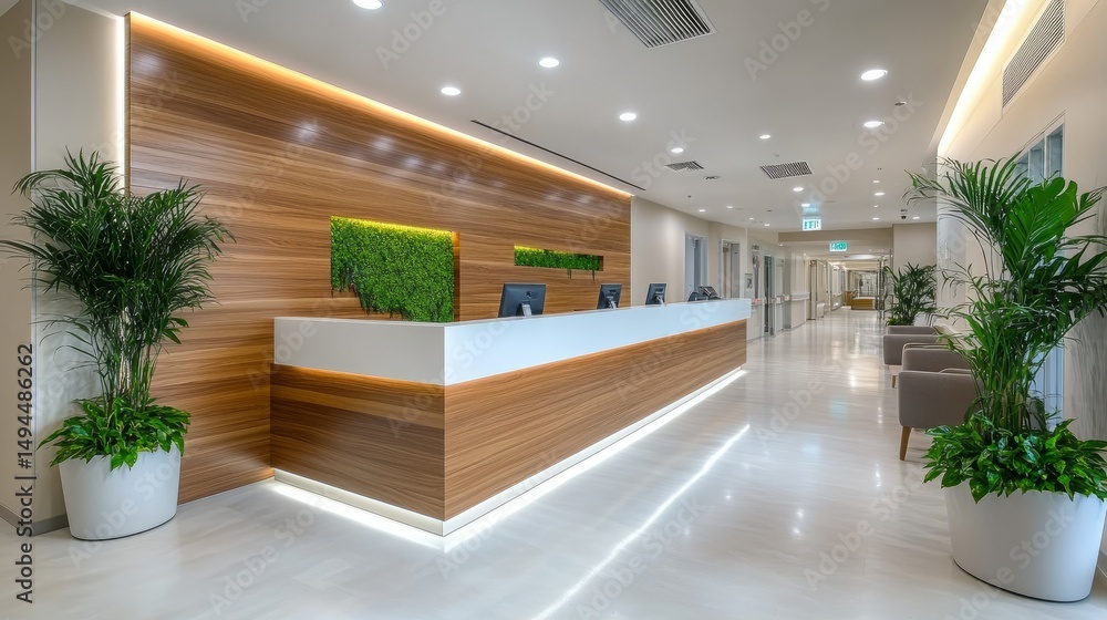 Hospital reception with modern biophilic design, featuring a wood ...