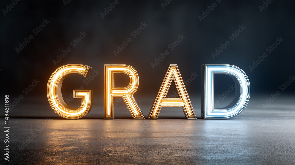 Illuminated Milestone: A radiant "GRAD" sign glows vibrantly, standing ...