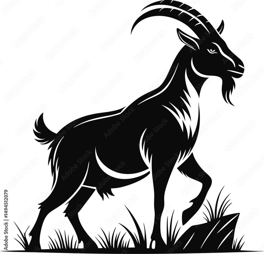 A striking silhouette of a goat standing confidently on a rocky outcrop ...