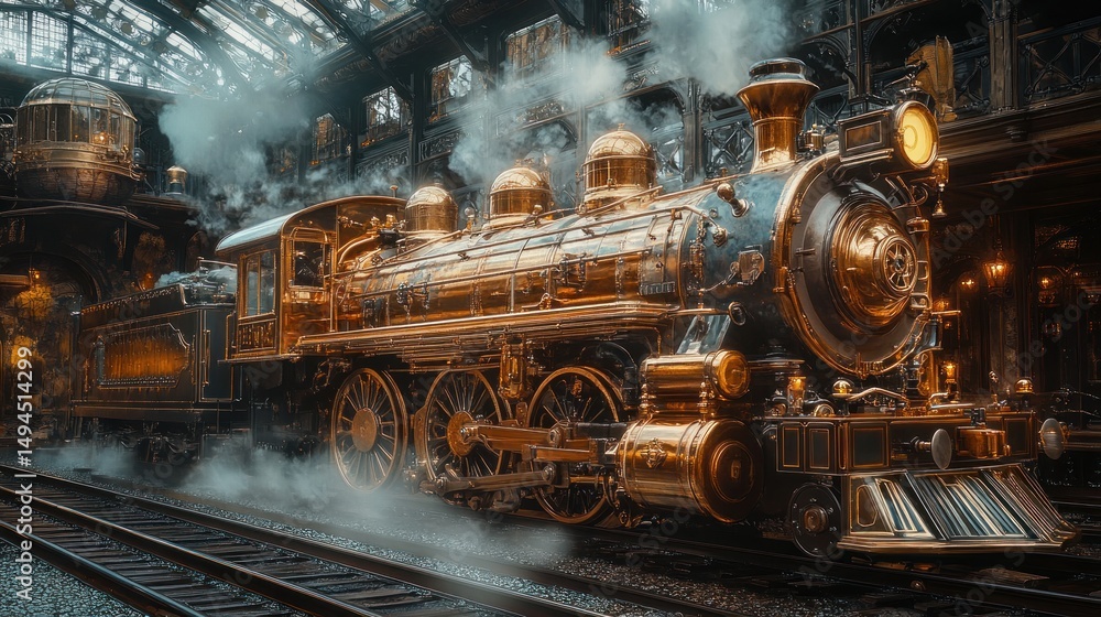 A Golden Age Steam Locomotive in a Grand Station Stock Illustration ...
