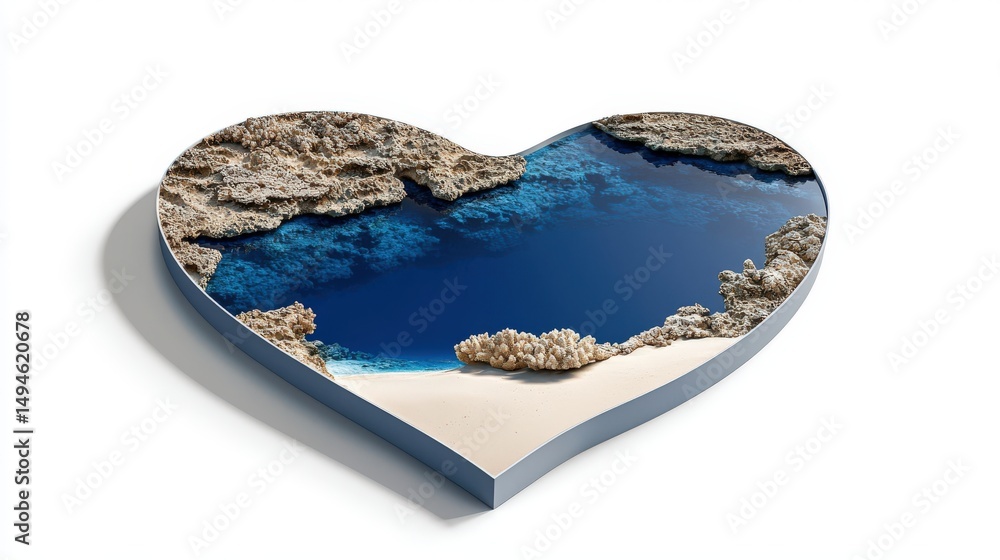 A heart shaped miniature landscape showcases a tranquil ocean scene ...
