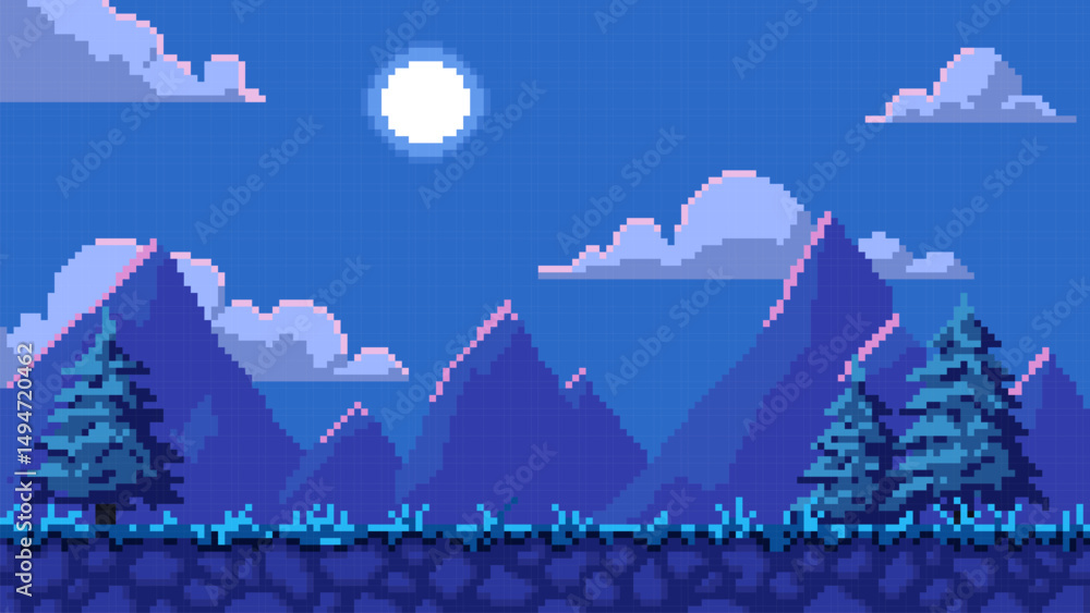 Pixel art game background with ground, mountains, fir trees, full moon ...