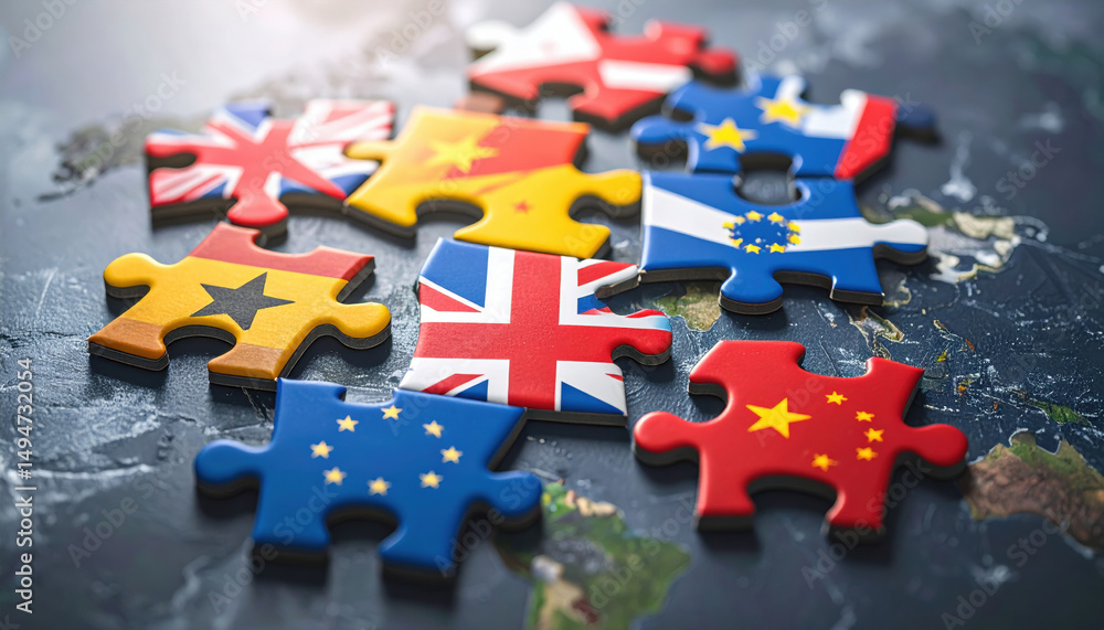 Stock-Illustration „Puzzle pieces with country flag designs fit ...