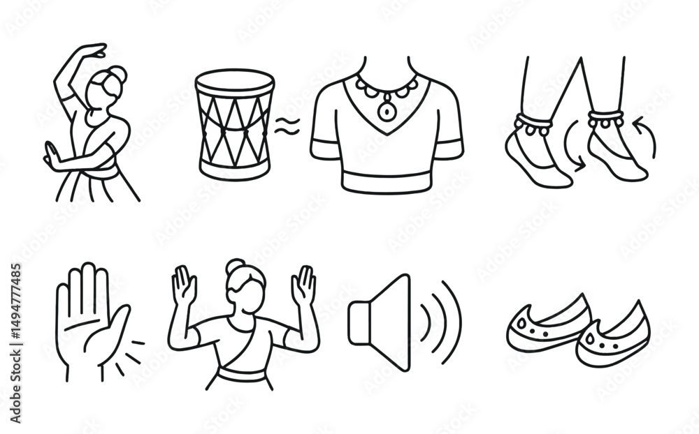 Indian dance outline icons set – traditional, cultural, bharatanatyam ...