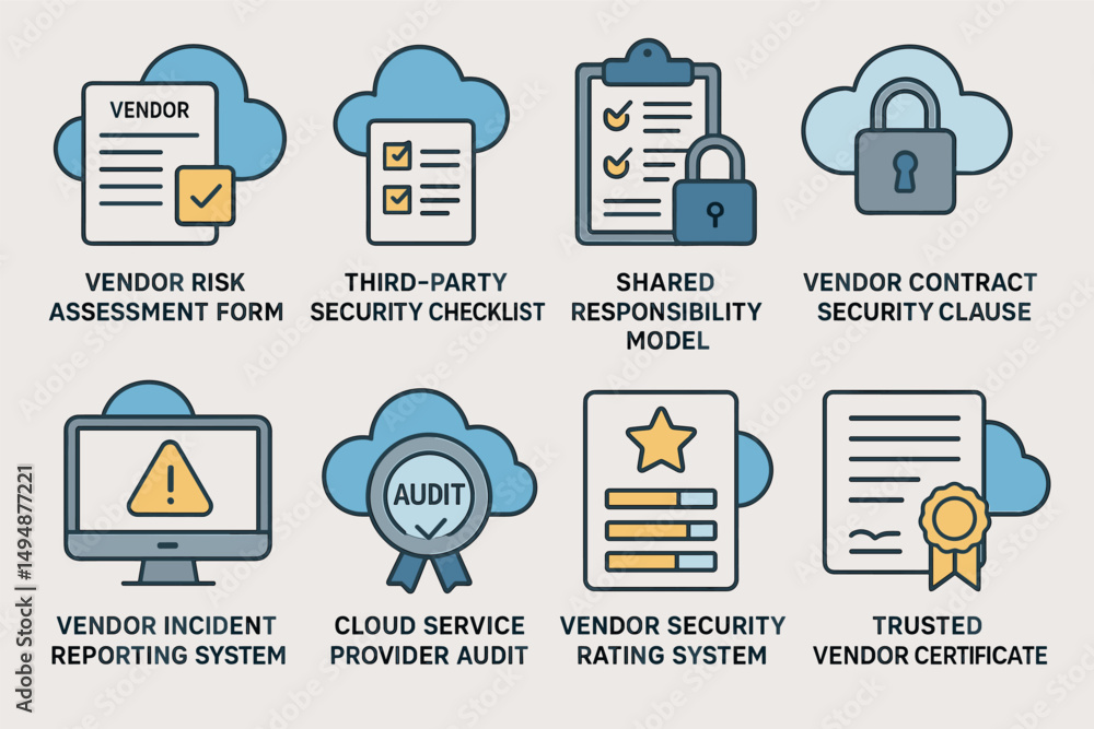 Cloud security compliance icons set – flat, audit, vendor risk ...