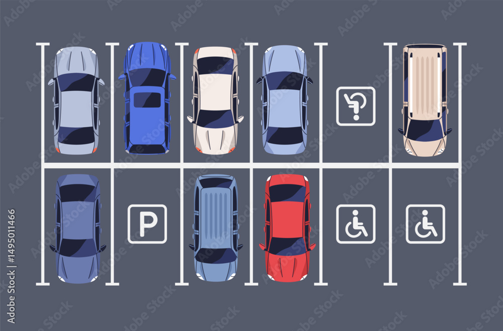 Carpark with disabled parking lots, places. Car park, top view ...