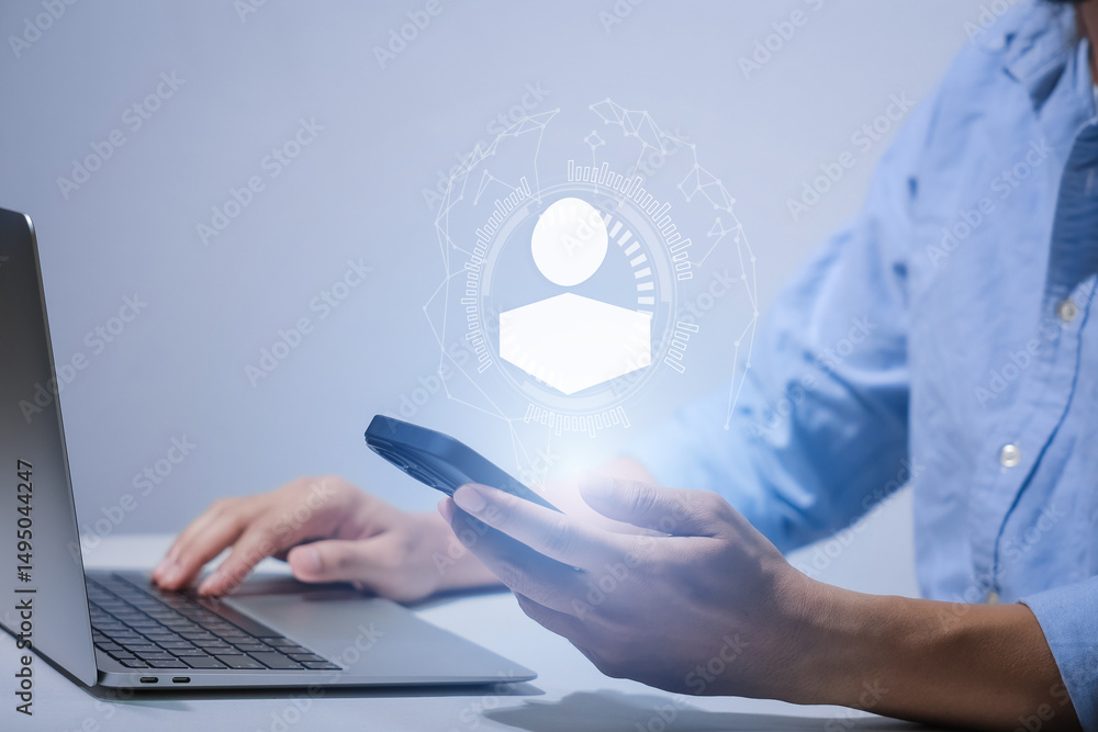 Fotografie human hand holding digital identification card, with ...