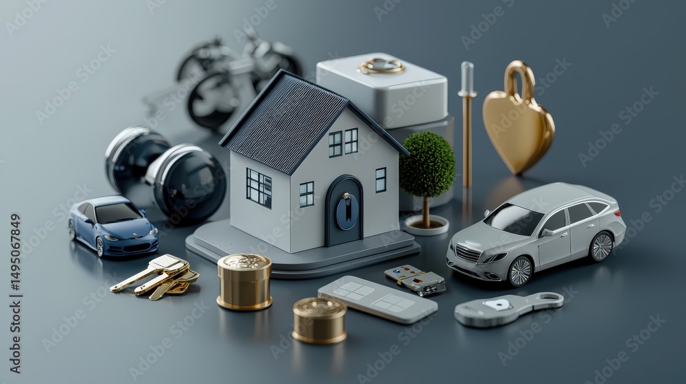 An illustration of various valuable assets including a miniature house ...