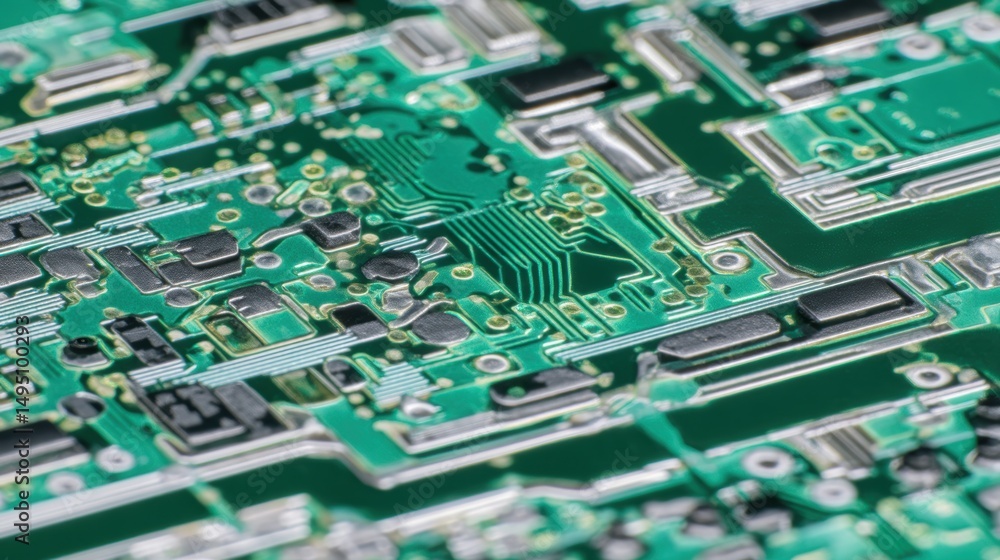 An extremely detailed close-up of an automotive ECU PCB, rugged green ...