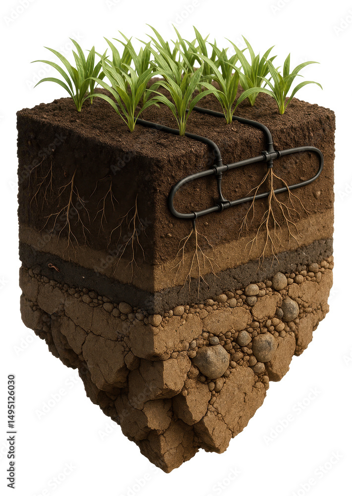 Cross-section of soil with young plants and an underground irrigation ...