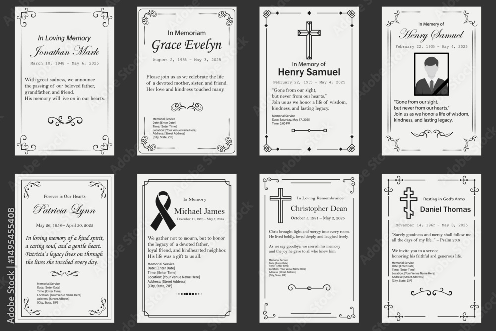 A collection of elegant black and white funeral memorial card templates ...