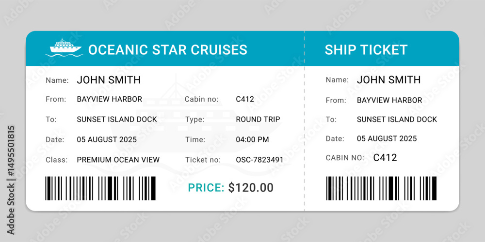 Cruise ship boarding pass design layout for travelers. Realistic Ferry ...