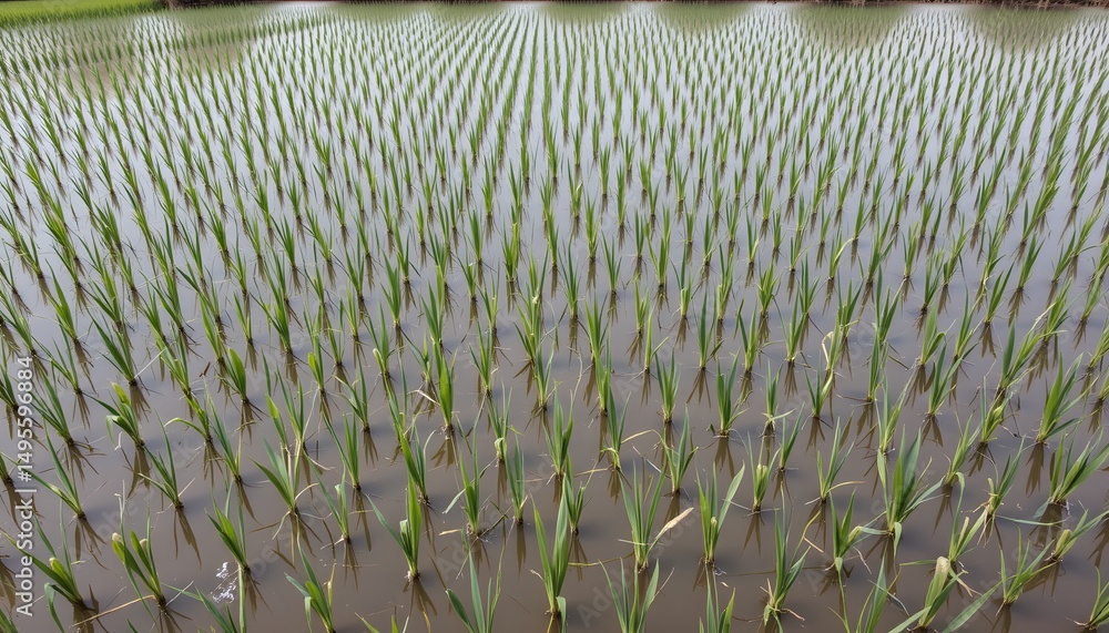 Rice Paddy: A vibrant depiction of a rice paddy showcases a structured ...