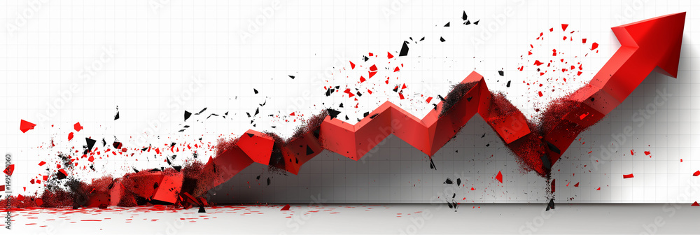 Aggressive financial breakout. Red arrow graph shatters surface. Bold ...